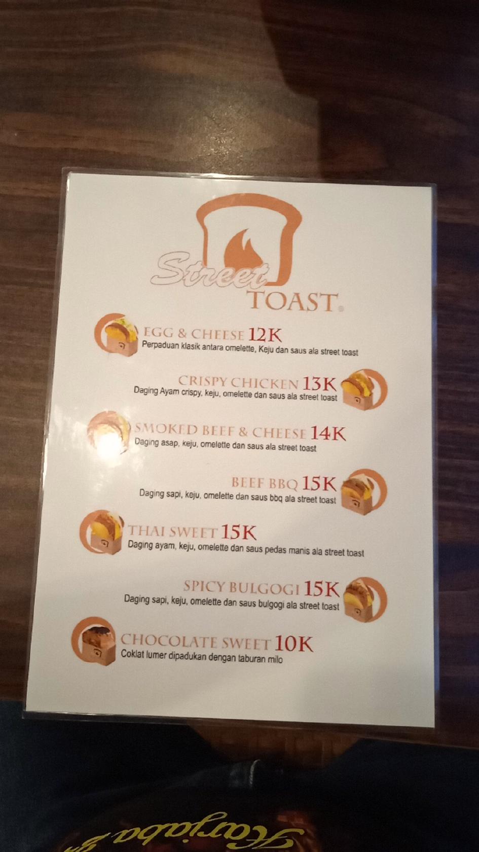 Menu at Street Toast restaurant, Banyuwangi