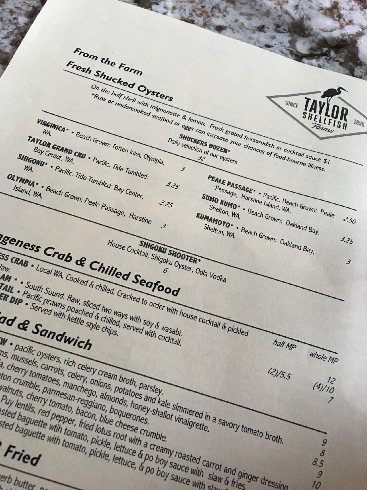 Menu at Taylor Shellfish Oyster Bar, Seattle, 410 Occidental Ave S