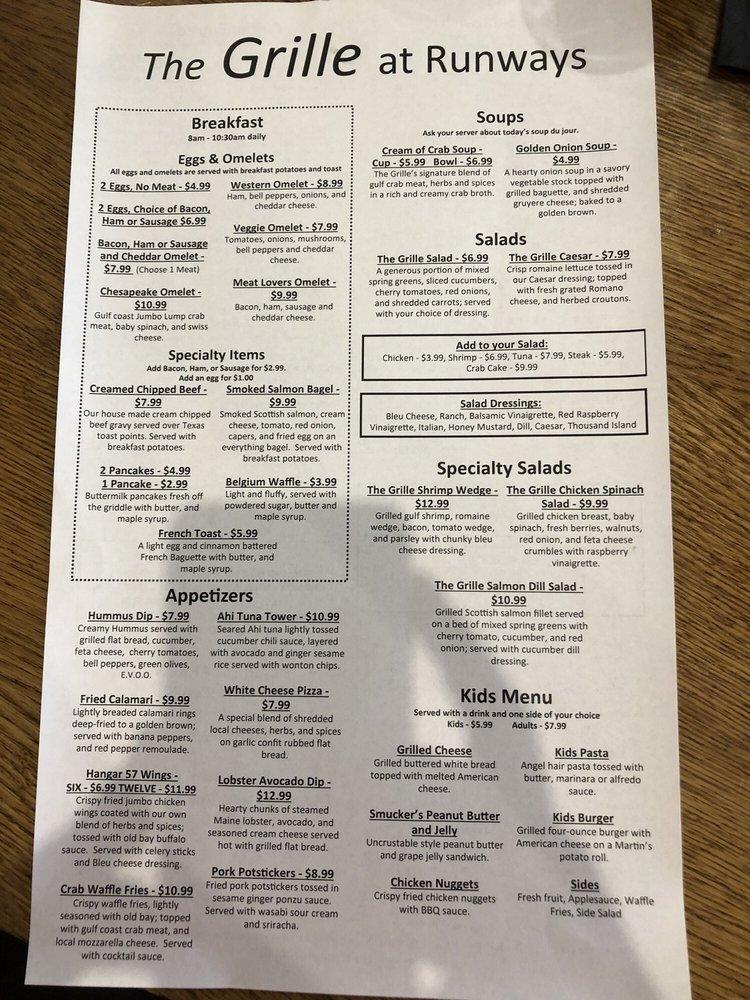 Menu at The Grille at Runways restaurant, Hagerstown, Henson Blvd