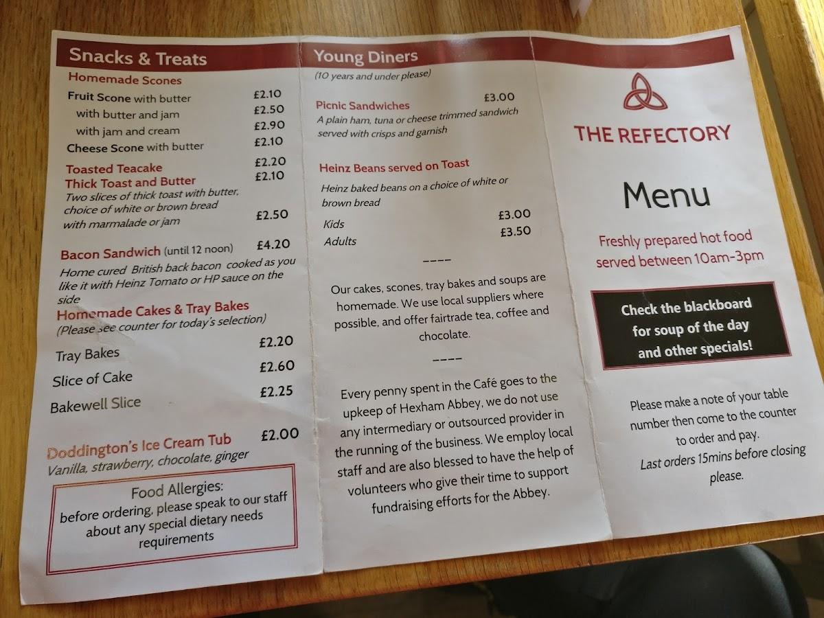 Menu at The Refectory Cafe, Hexham