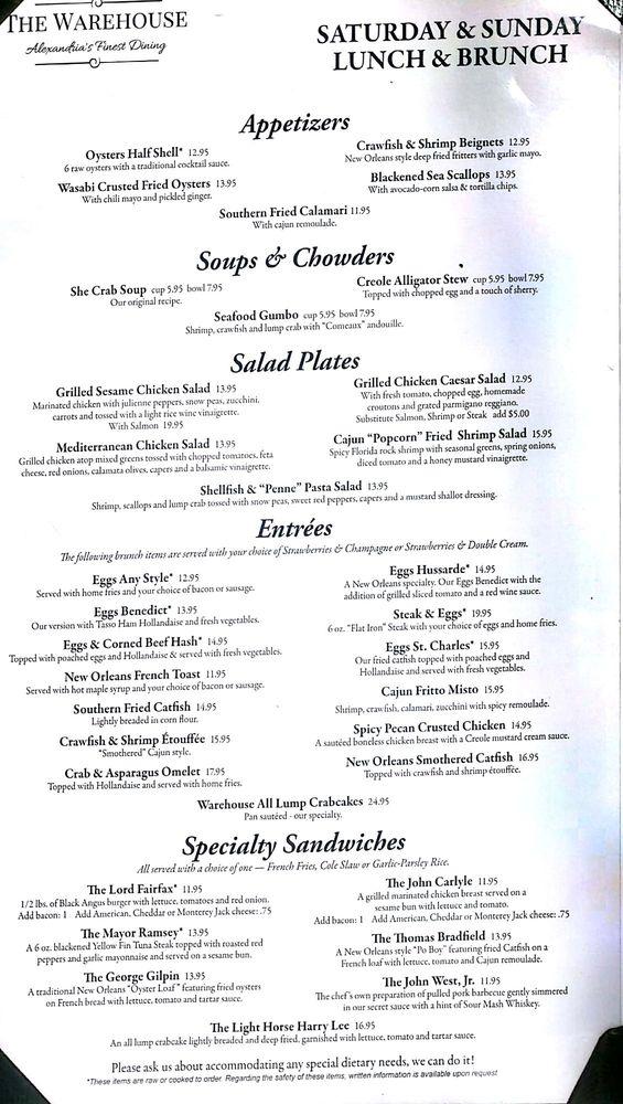 Menu at The Warehouse steakhouse, Alexandria, 214 King St
