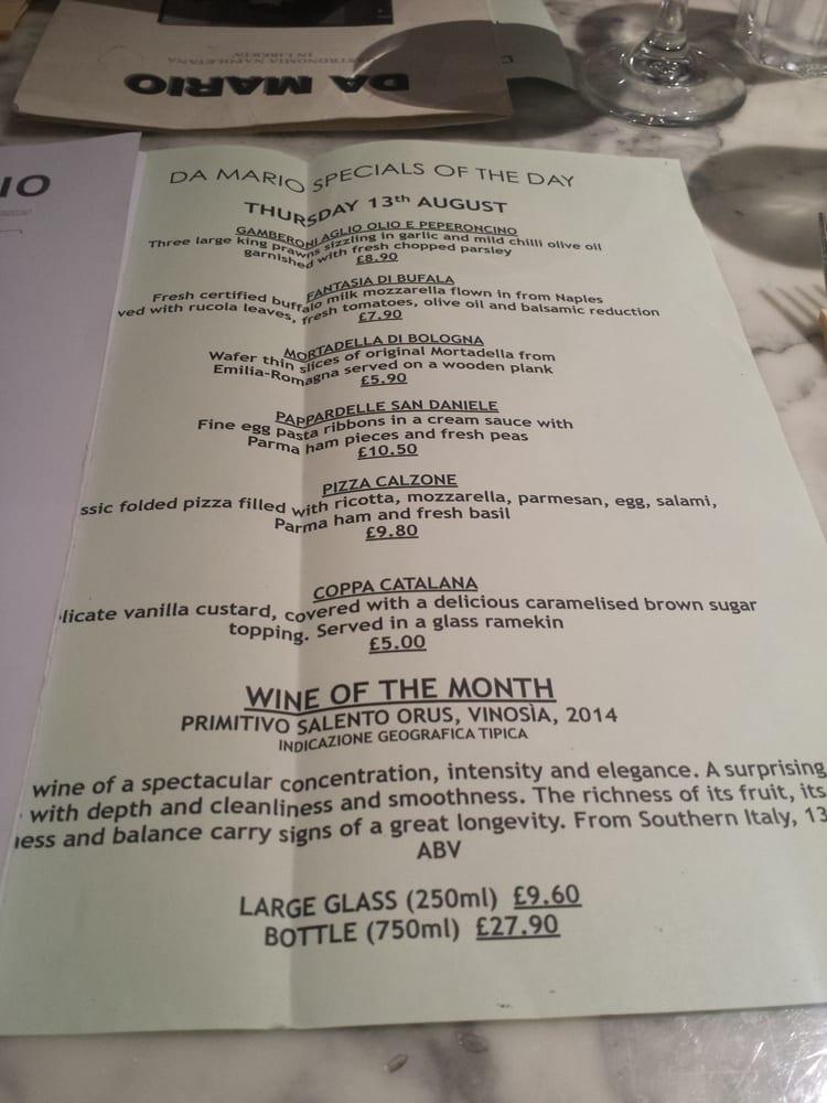 Menu at Da Mario Kensington restaurant, London, 15 Gloucester Rd