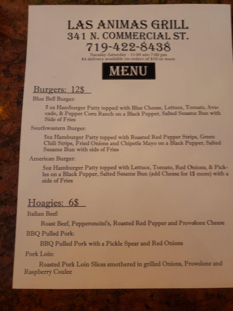 Menu at Las Animas Grill restaurant, Trinidad