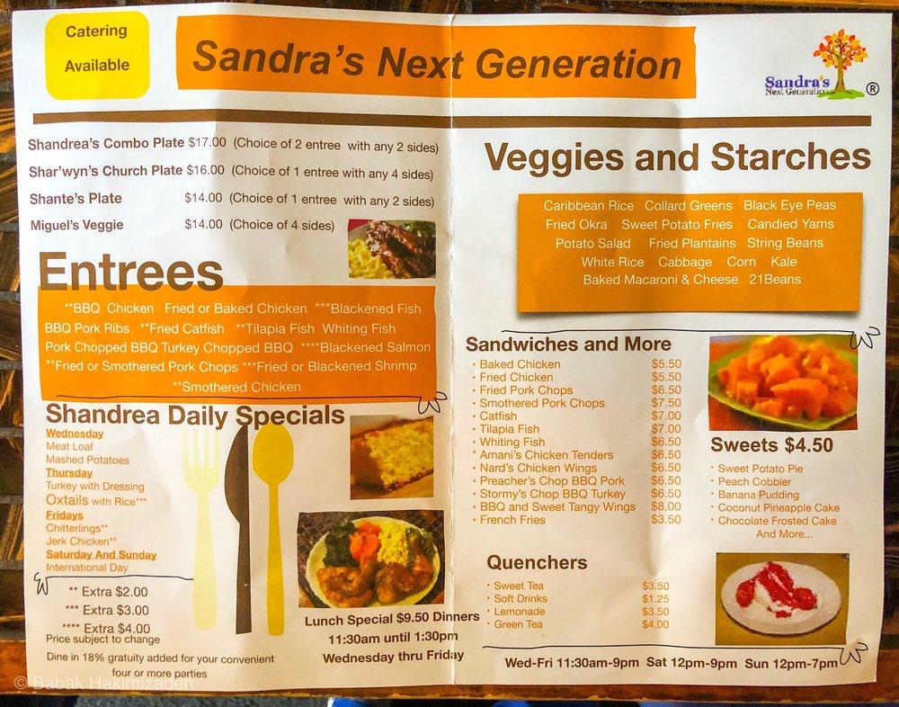 Menu at Sandra's Next Generation restaurant, New Haven, 636 Congress Ave