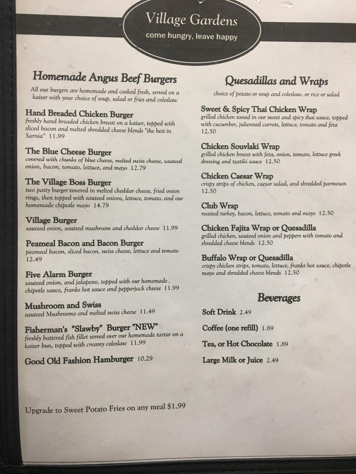 Menu at Village Gardens Family Restaurant, Sarnia