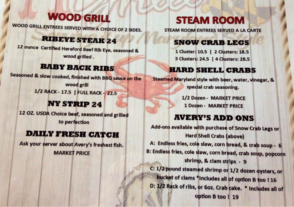 Menu at Avery's Maryland Grille pub & bar, Frederick