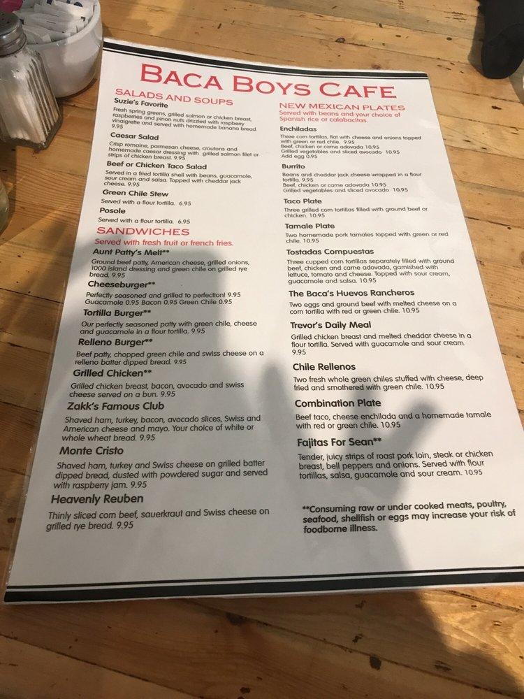 Menu at Baca Boys Cafe, Albuquerque