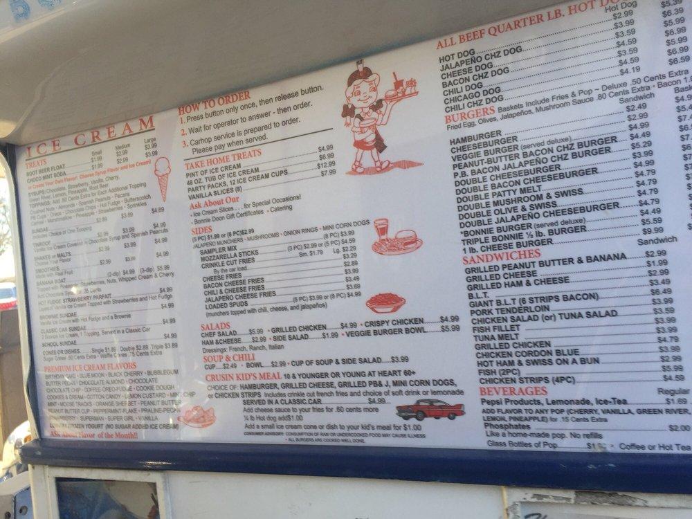 Menu at Bonnie Doon Drive-In restaurant, Mishawaka