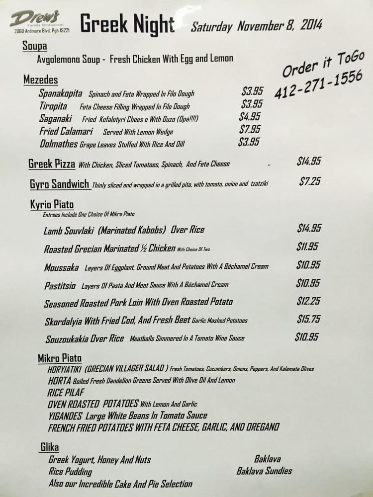 Menu at Drew's Family Restaurant, Pittsburgh