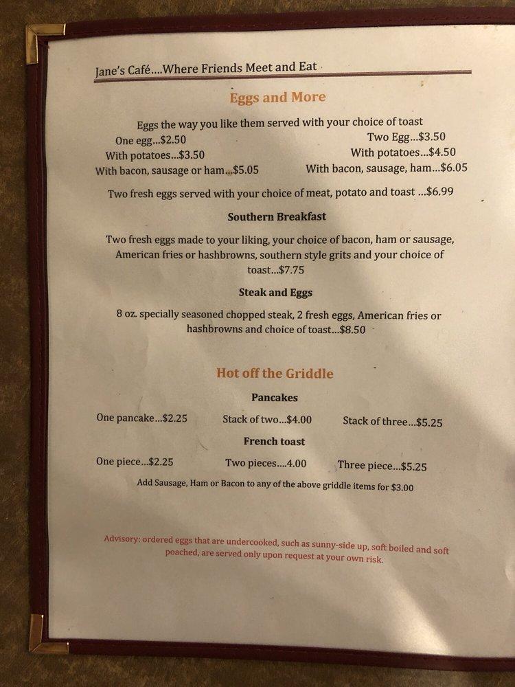 Menu at Jane's Cafe, Beloit