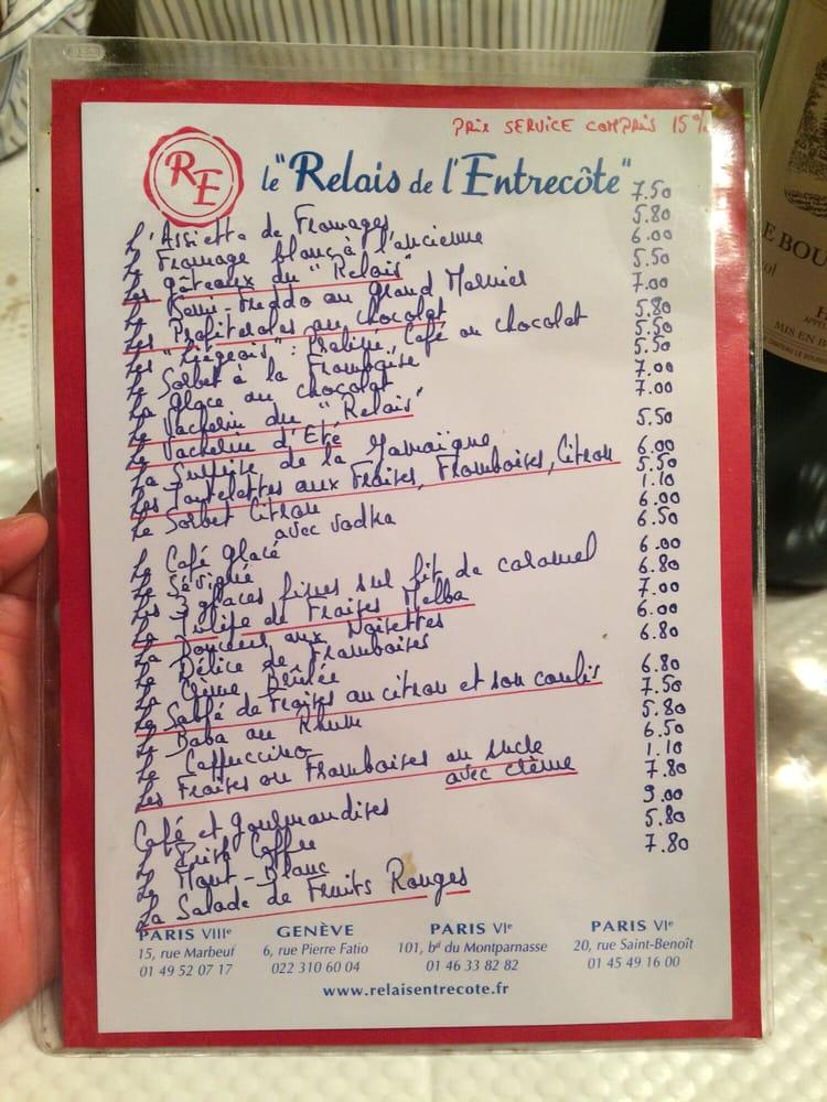 Menu au Le Relais de l'Entrecôte restaurant à viande, Paris, 20 Rue ...