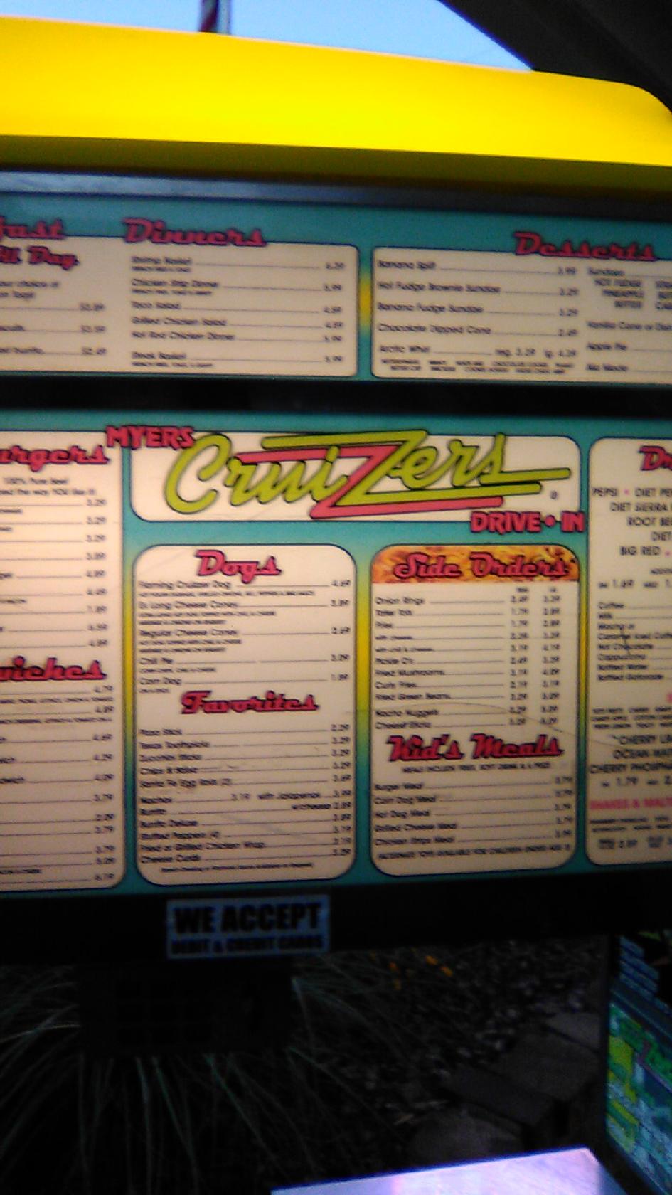 Menu at Myers Cruizzers Drive-In restaurant, Mena, 409 U. S. Hwy 71