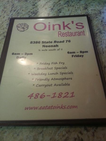 Menu at Oink's Restaurant, Neenah