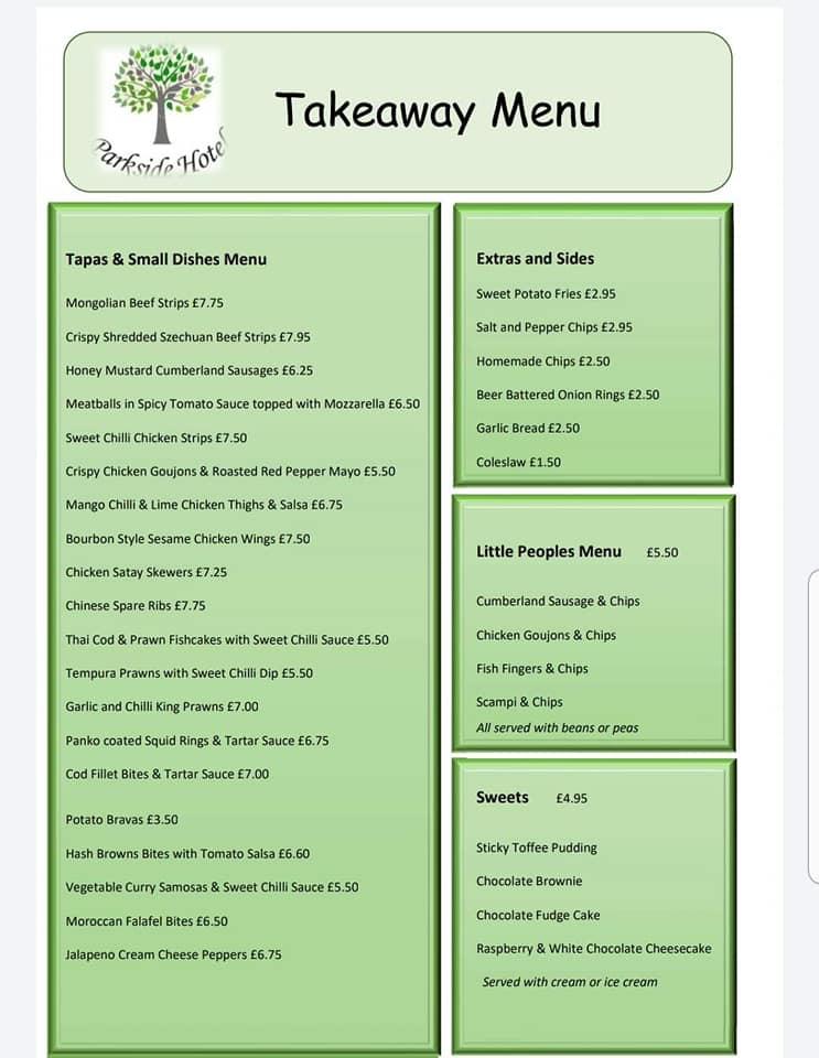 Menu at Parkside Hotel restaurant, Cleator Moor