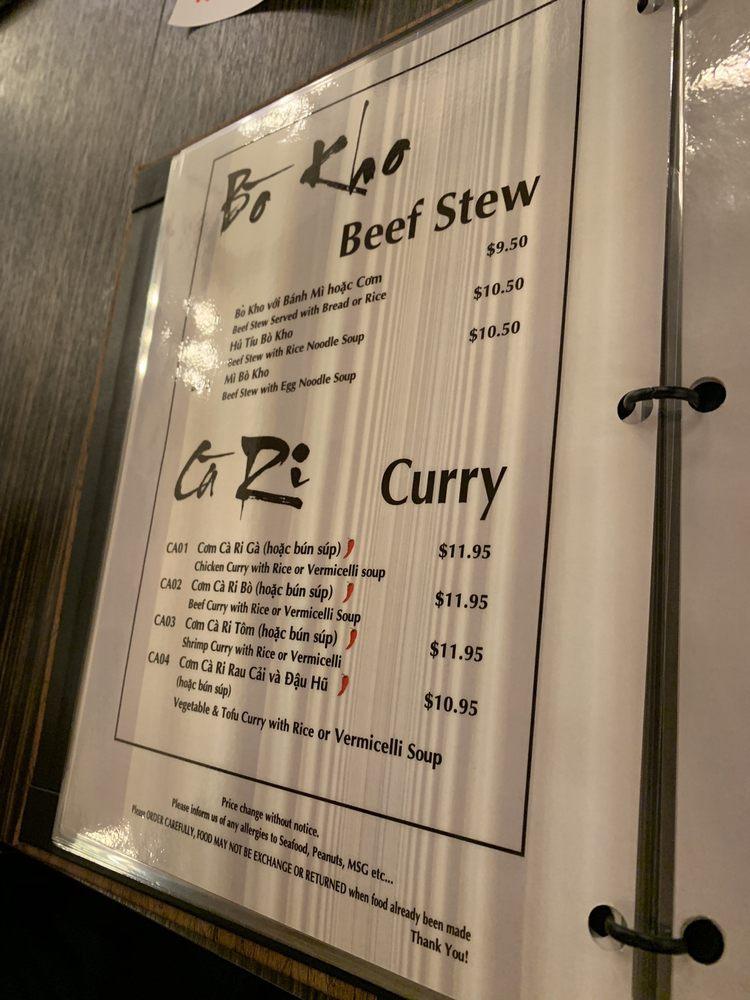 Menu at Pho Now restaurant, Toronto