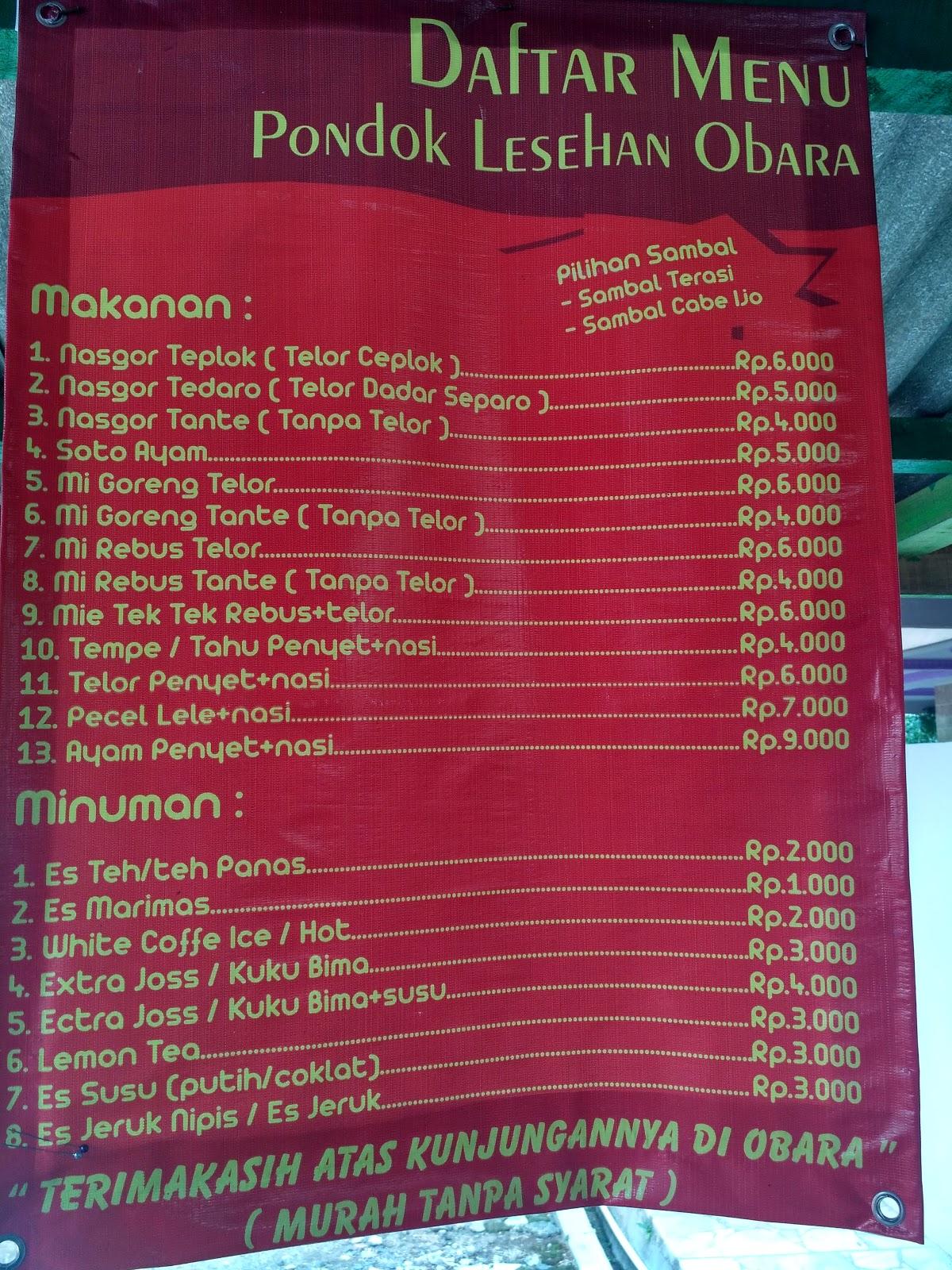 Menu at Pondok Lesehan OBARA, Metro