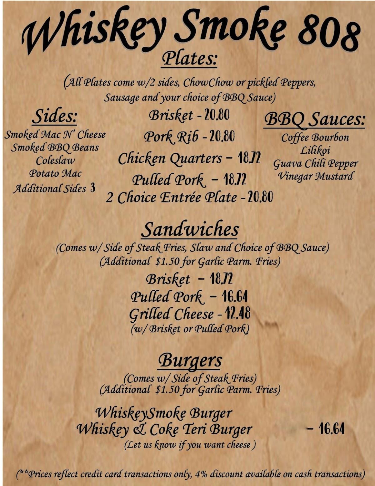 Menu at Whiskey Smoke 808 BBQ, Kailua
