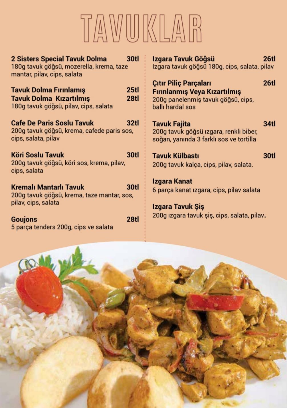 Menu at 2 Sisters, Güzelyurt