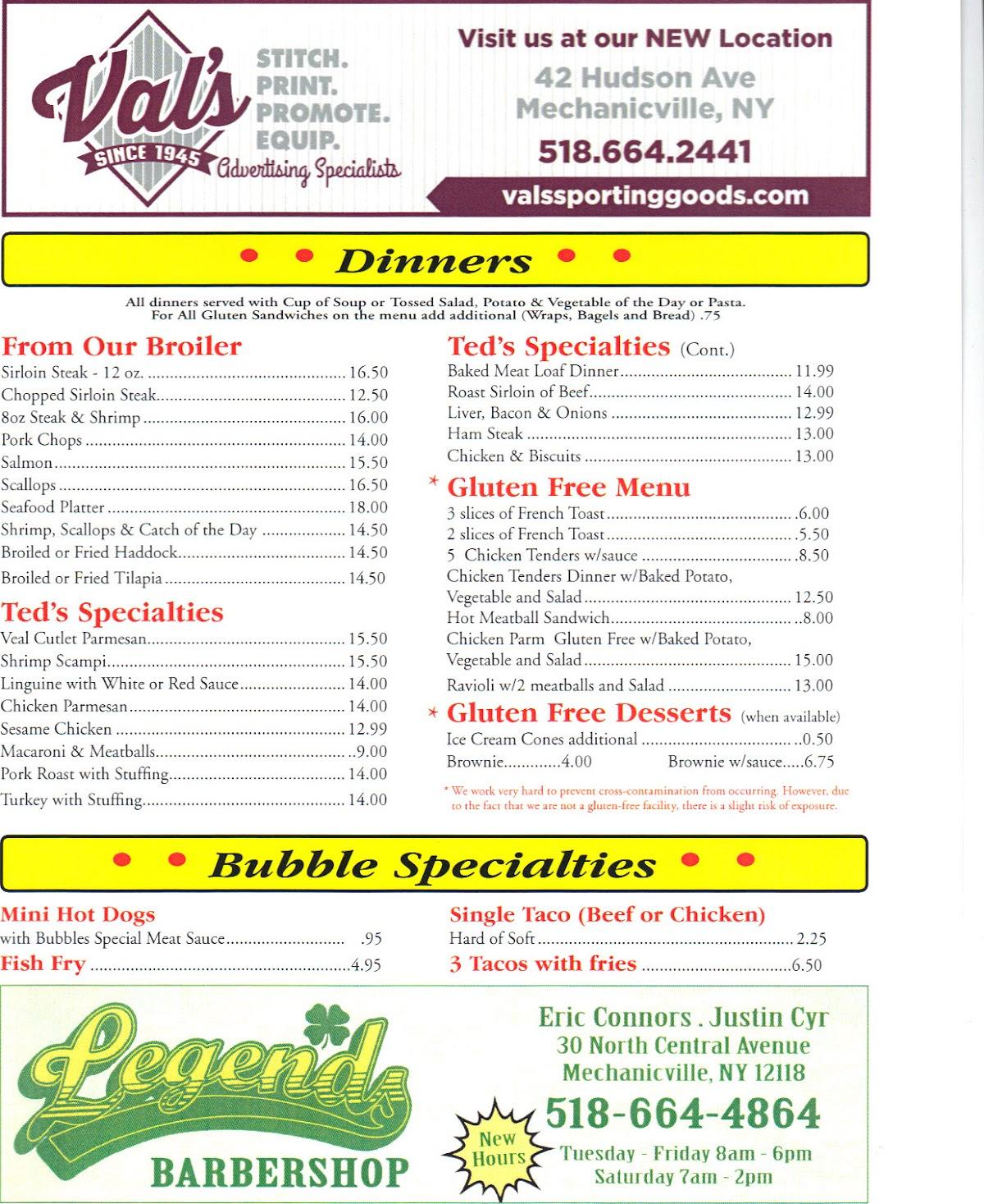 Menu at Bubble's Restaurant, Mechanicville