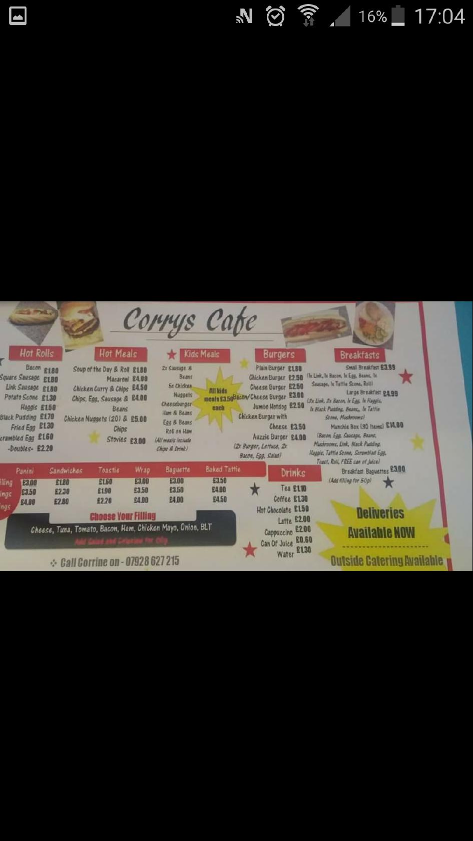 Menu at CORRYS' CAFE.........tuck shop, West Calder