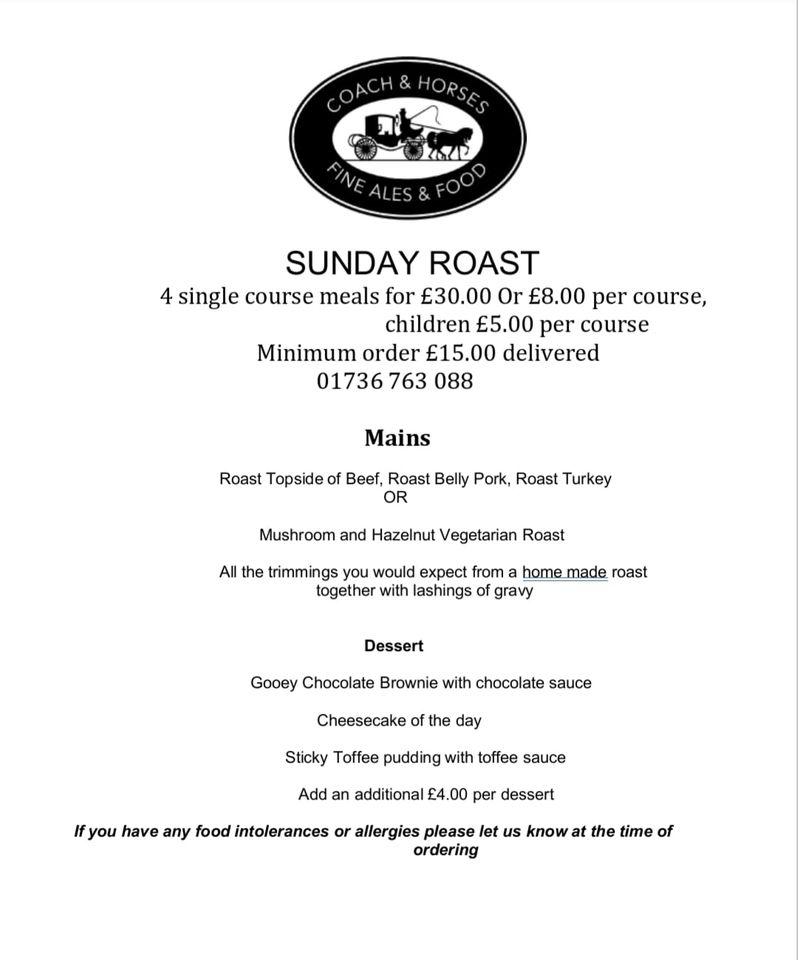 Menu at Coach and Horses pub & bar, Perranuthnoe