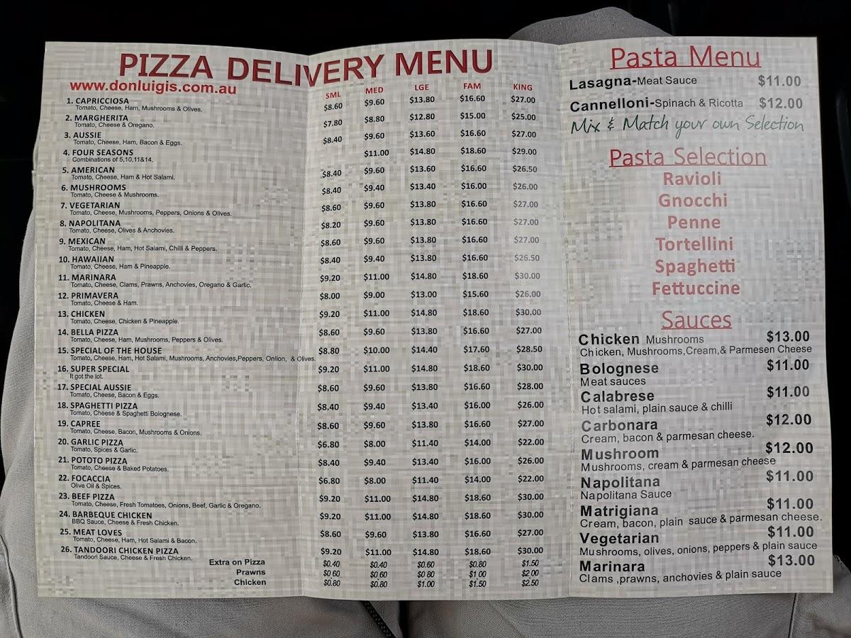 Menu at Don Luigi's Pizza e Spaghetti Bar, Gladstone Park