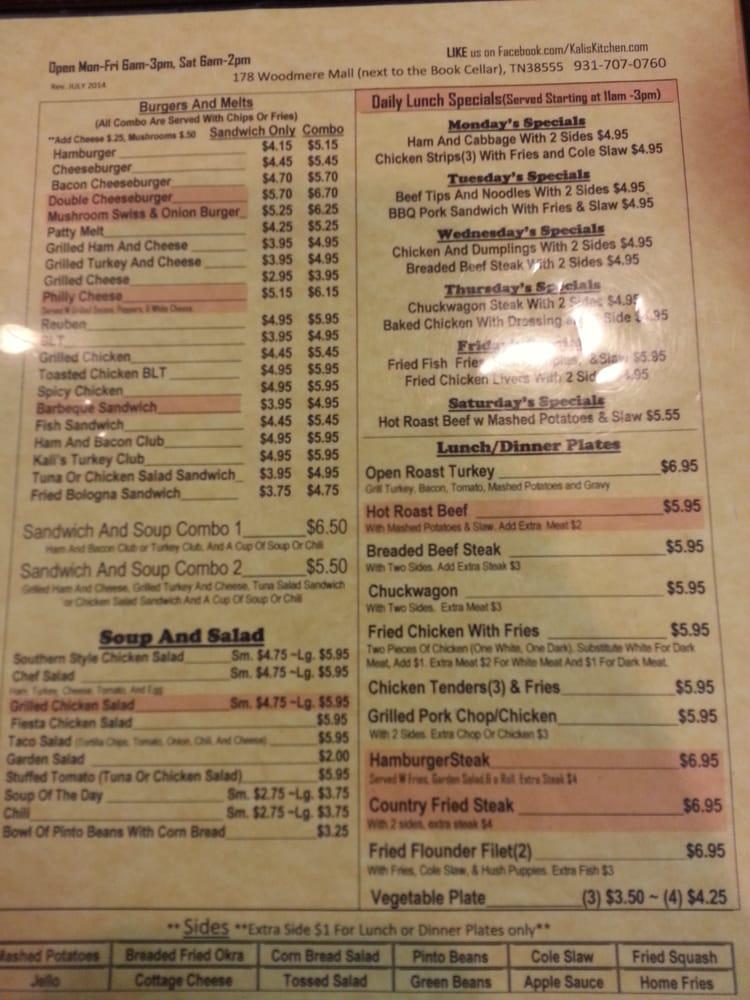 Menu at Kali's Kitchen restaurant, Crossville, 178 Woodmere Mall