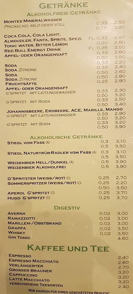 Menu at La Rucola restaurant, Seewalchen am Attersee