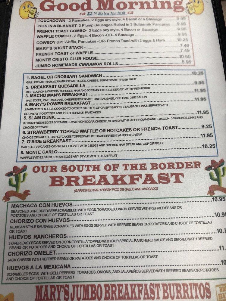 Menu at Mary's Family Restaurant, Oceanside