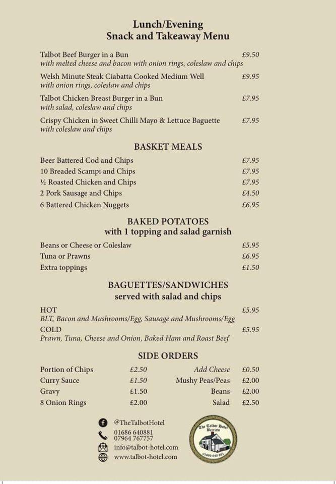 Menu at The Talbot Hotel pub & bar, Welshpool