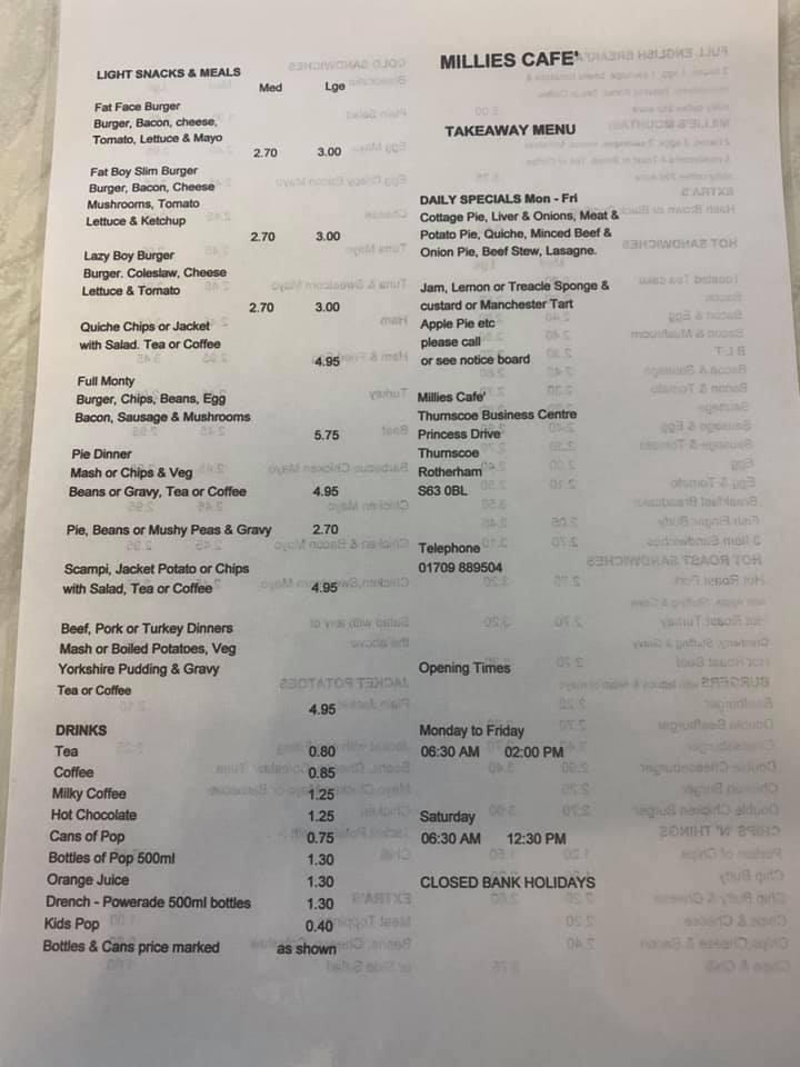Menu at Millys Cafe, Goldthorpe