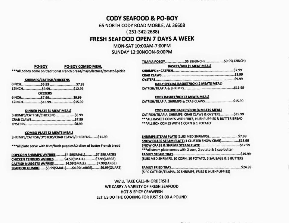 Menu at Cody Seafood restaurant, Mobile