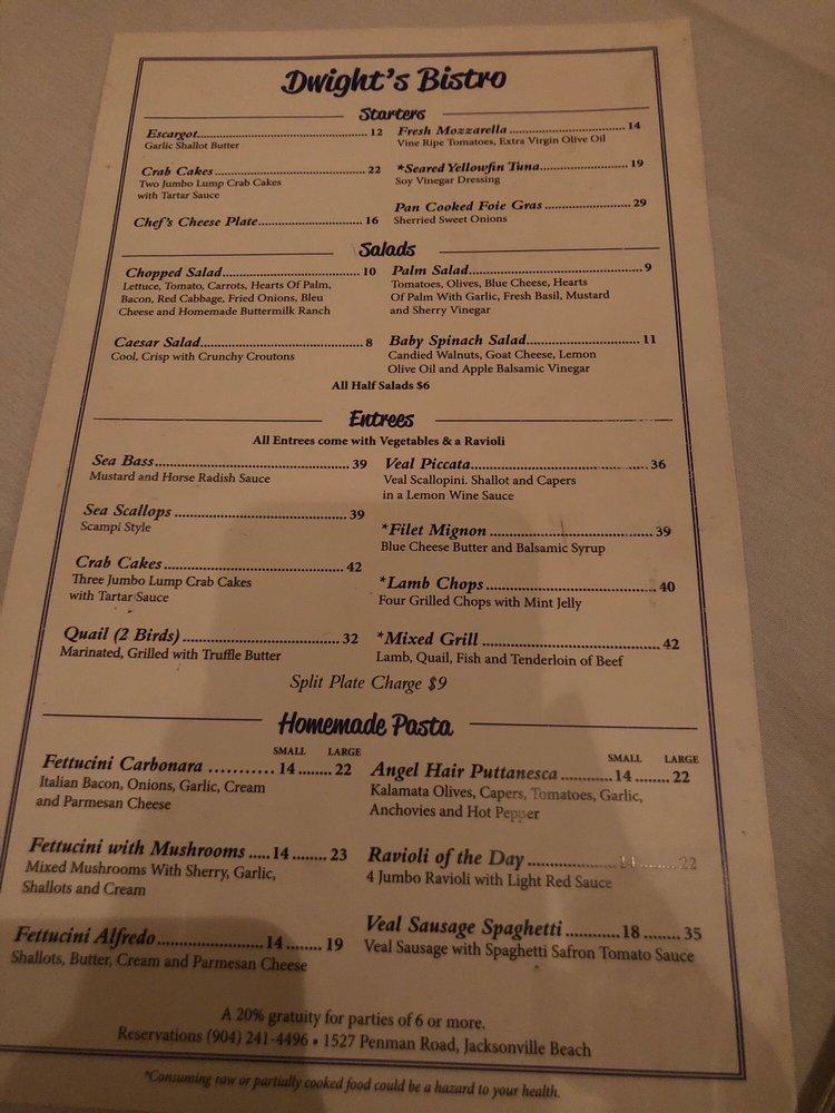 Menu at Dwight's Bistro restaurant, Jacksonville Beach