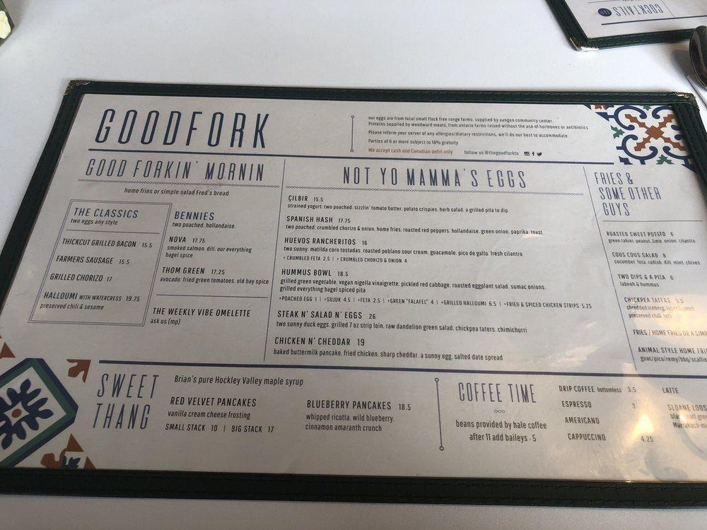 Menu at Good Fork restaurant, Toronto