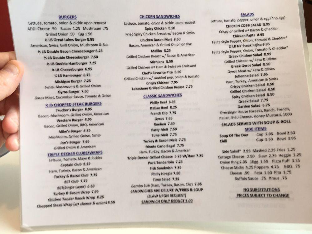 Menu at Great Lakes Cafe, Gary