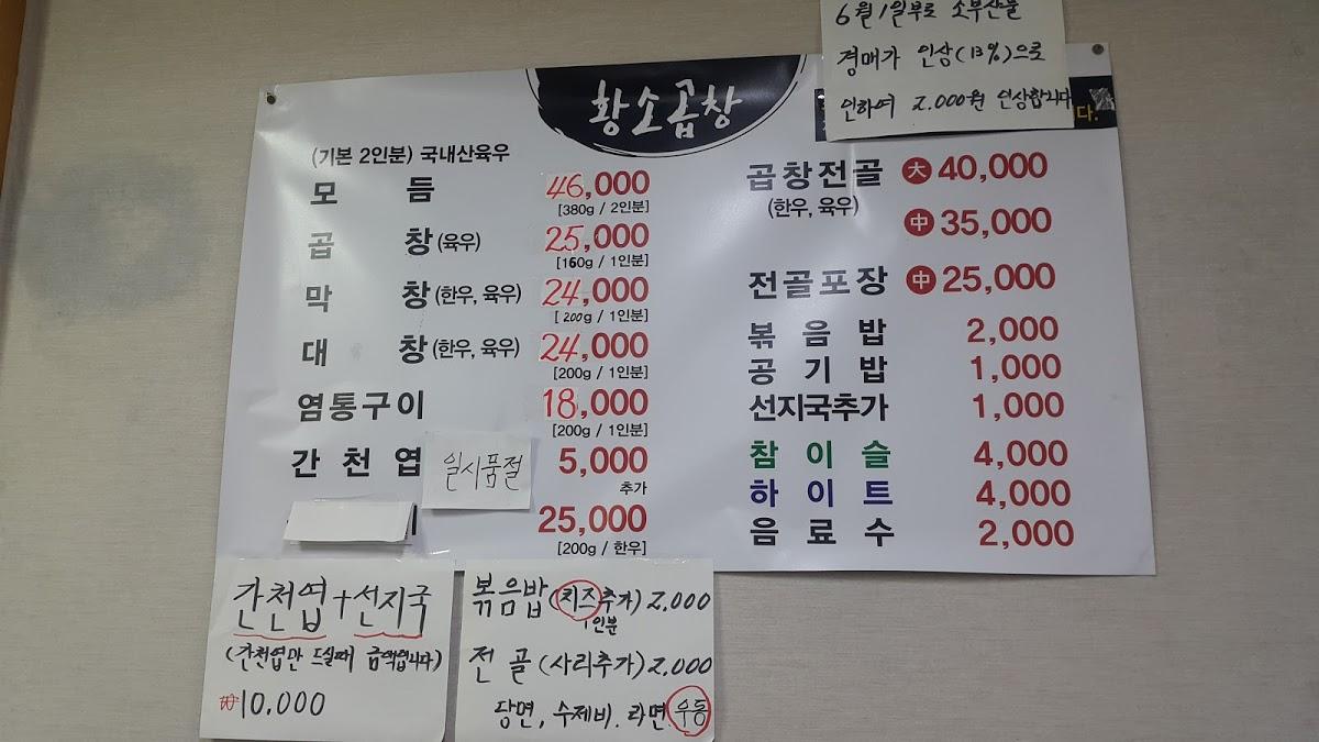 Menu at Hwangso Gopchang restaurant, Seoul, 605-320 Suyu-dong