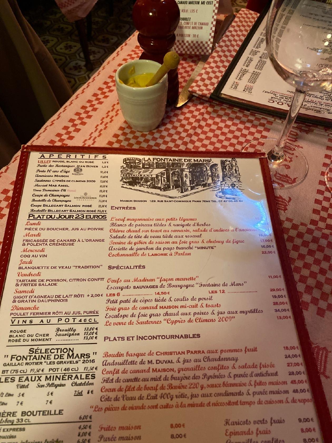 Menu at La Fontaine de Mars restaurant, Paris