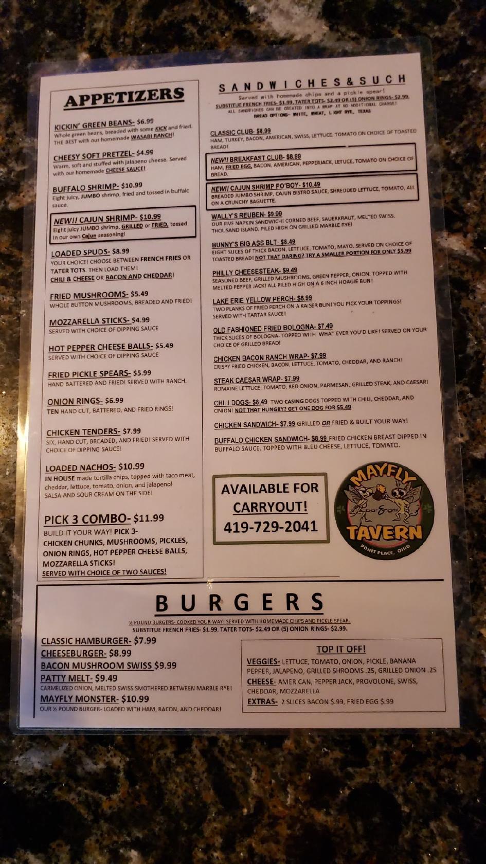 Menu at Mayfly Tavern pub & bar, Toledo, N Summit St