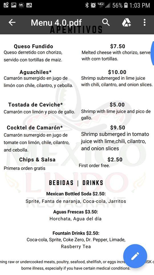 Menu at Mexico Lindo Mexican Restaurant, Taos