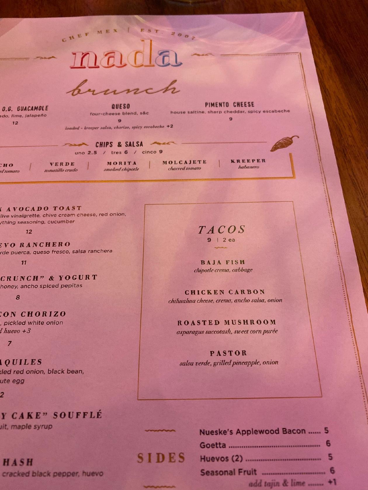 Menu at Nada restaurant, Cincinnati