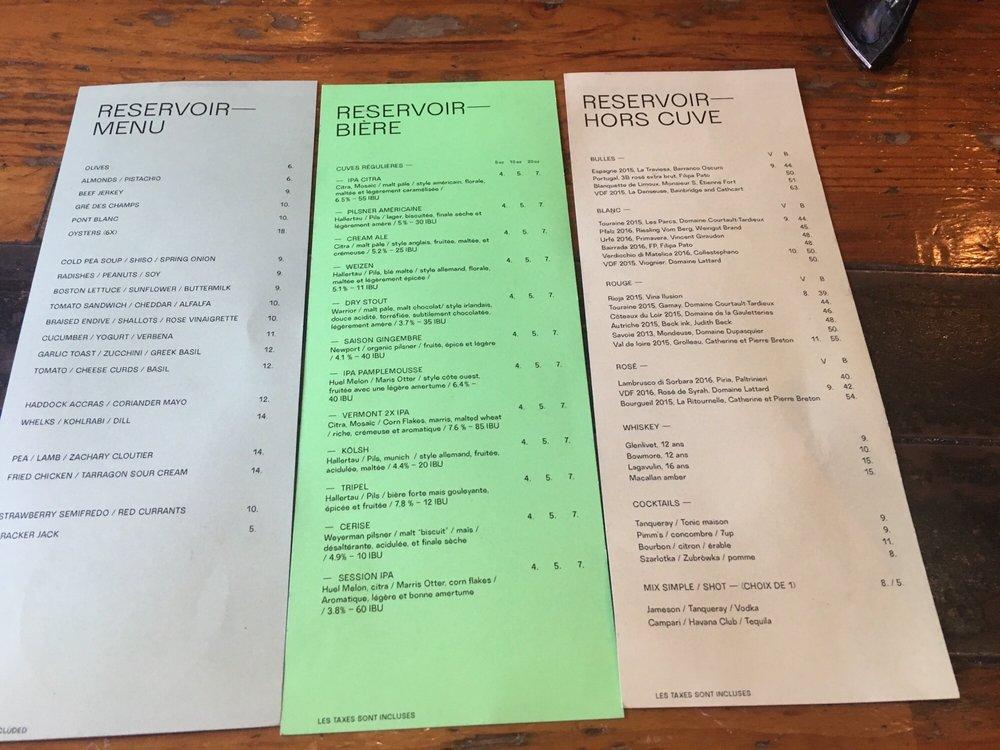 Menu at Reservoir pub & bar, Montréal