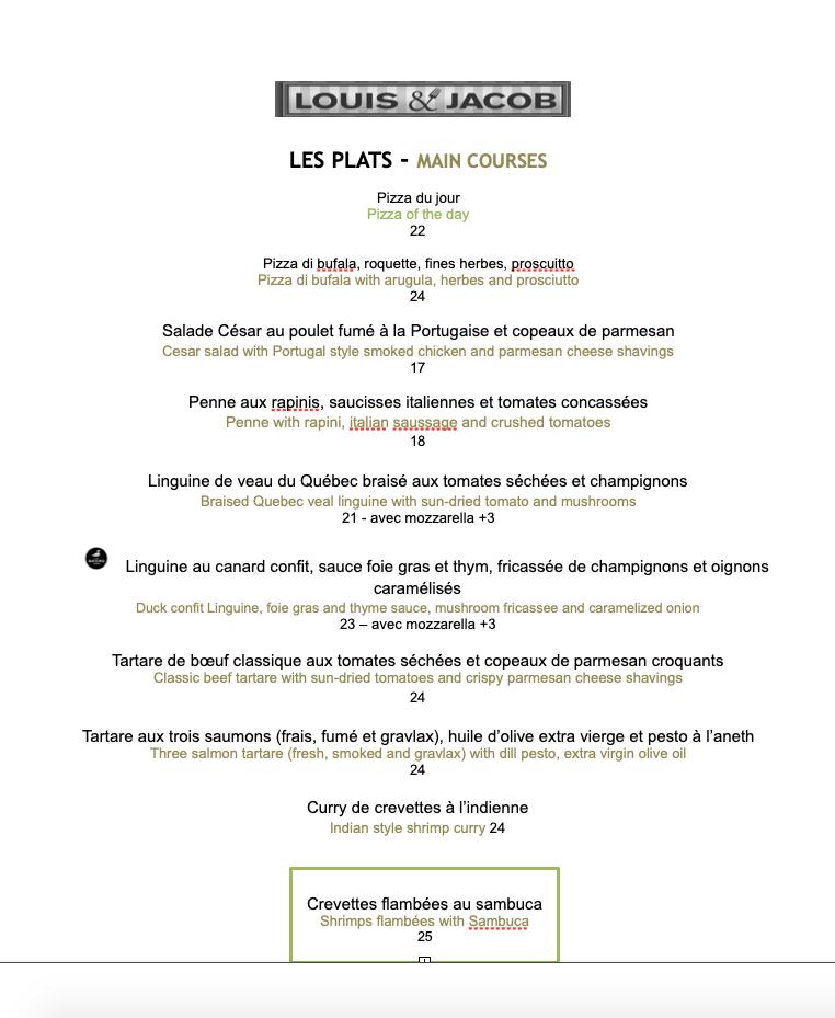 Menu at Restaurant Louis & Jacob, Laval
