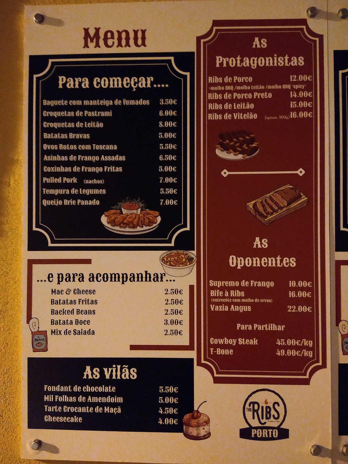 Menu at The Ribs restaurant, Porto