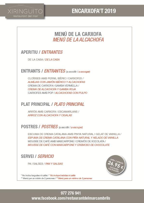 Menu at Xiringuito Restaurant Del Mar - Camping Joan, Cambrils