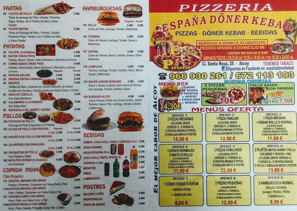 Menu at España doner kebab restaurant, Alcoi