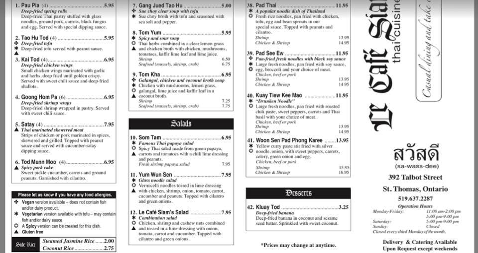 Menu at Le Cafe Siam, Saint Thomas