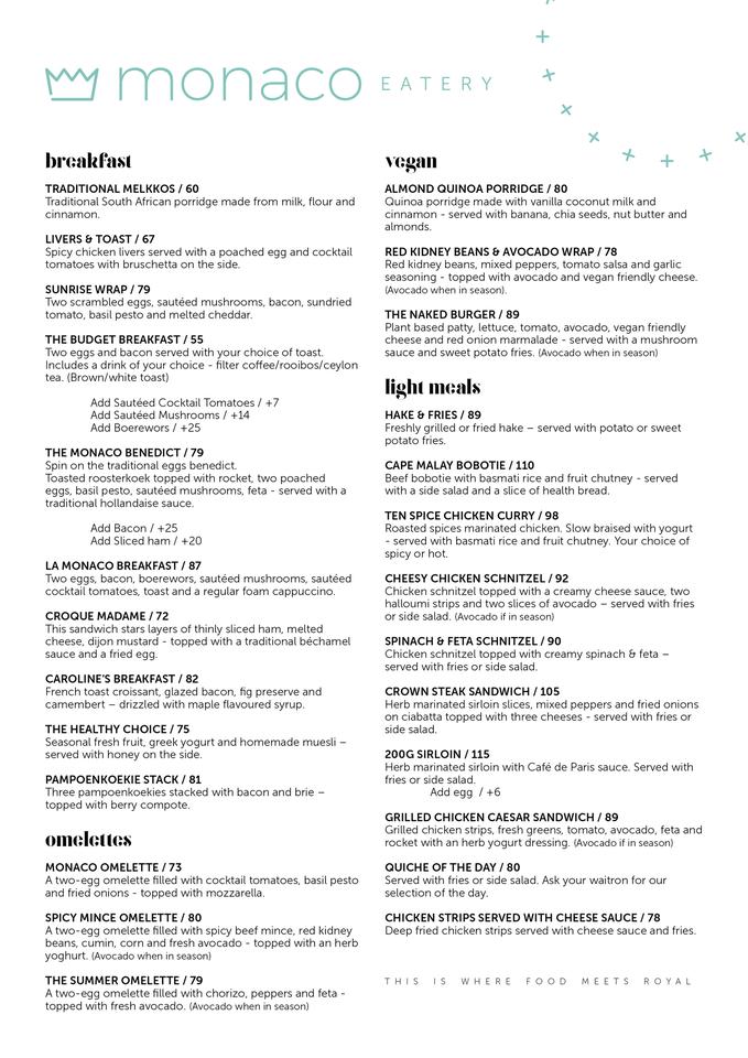 Menu at Monaco Eatery restaurant, Pretoria