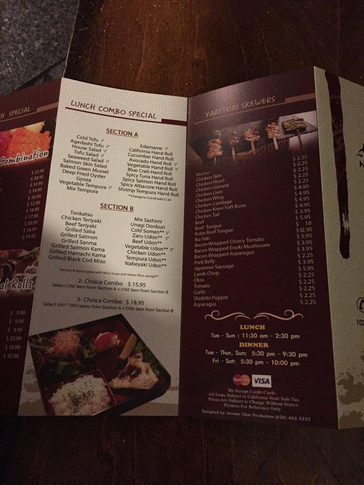 Menu at Opus Sushi restaurant, Arcadia