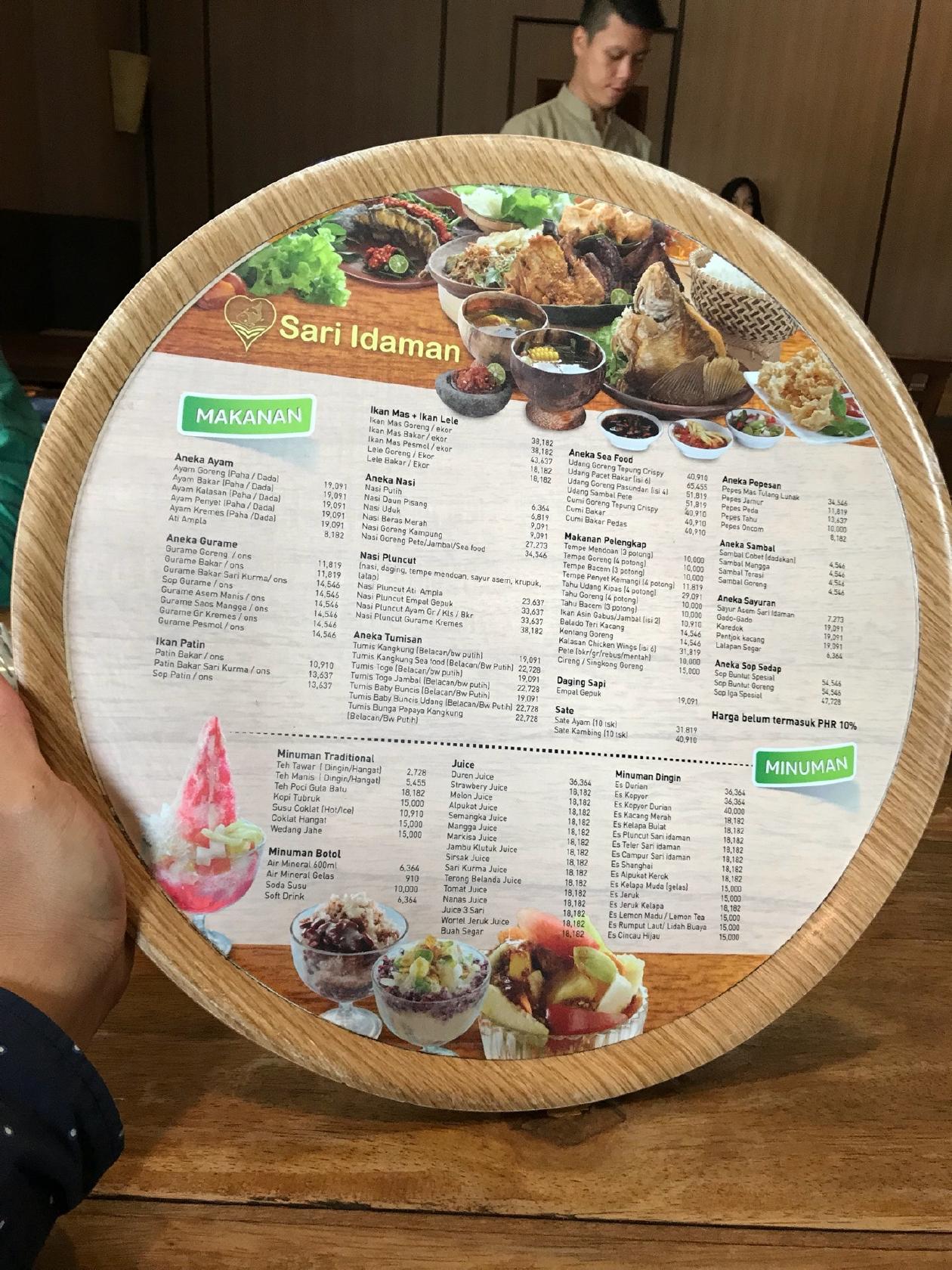 Menu at Sari Idaman restaurant, Jakarta