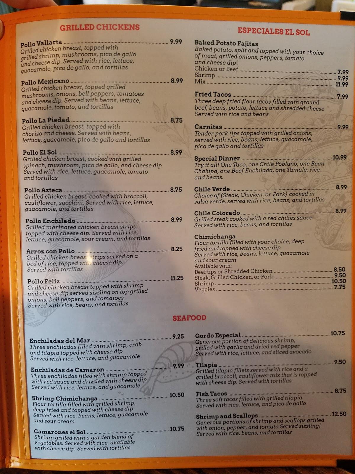 Menu at Sol Mexican Restaurant, Carrollton